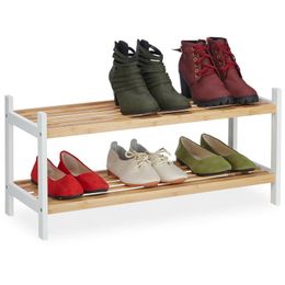 Schuhregal, Schuhablage mit 2 Ebenen, bis 6 Schuhpaare, Bambus & Birkenholz, HxBxT 33 x 70 x 26 cm, natur/weiß - Relaxdays