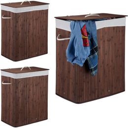 Relaxdays 3 x Wäschekorb aus Bambus, mit Deckel, rechteckiger Wäschesammler, 2 Fächer, 95 l Volumen, faltbar, Wäschebox, braun