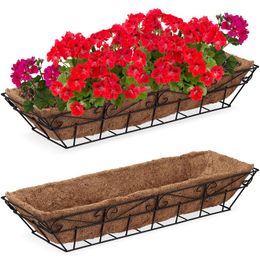 Blumenkasten 2er Set, mit Kokoseinlage, wasserdurchlässig, Garten, Eisen, HxBxT: 11,5 x 75 x 21,5 cm, schwarz - Relaxdays