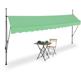 Klemmmarkise, 400 cm breit, höhenverstellbar, ohne Bohren, UV-beständig, Sonnenschutz Balkon, grün/grau - Relaxdays