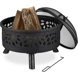 Feuerschale mit Funkenschutz, Kohlerost, Schürhaken, ø 60cm, Stahl, Feuerstelle für den Garten, schwarz/silber - Relaxdays