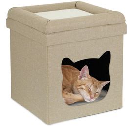 Katzenhöhle indoor, Schlafplatz für Samtpfoten, Katzenbox 2 Etagen, faltbar, hbt: 44 x 40 x 40 cm, braun/weiß - Relaxdays