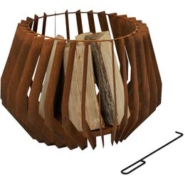 Feuerkorb mit Schürhaken, runde Feuerschale, HxD: 40x60 cm, Edelrost-Design, Außenbereich, Cortenstahl, braun - Relaxdays