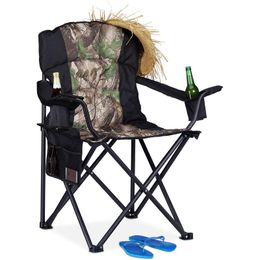 Relaxdays - Campingstuhl, klappbarer Anglerstuhl mit 2 Getränkehaltern & Seitentasche, tragbar, bis 113 kg, schwarz-grün