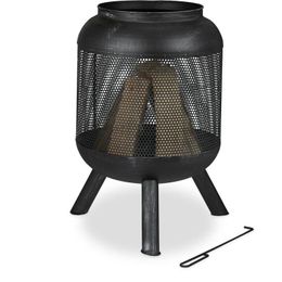 Feuerkorb, Mesh Design, Feuerrost, Schürhaken, HxD: 69 x 44 cm, Feuertonne, gebürsteter Stahl, schwarz-silber - Relaxdays