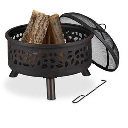 Relaxdays - Feuerschale mit Funkenschutz, Kohlerost, Schürhaken, ø 60 cm, Stahl, Feuerstelle für Garten & Terrasse, bronze