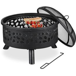 Relaxdays - Feuerschale mit Grillrost & Funkenschutz, Schürhaken, Kohlerost, ø 60 cm, Feuerstelle Garten, schwarz/silber