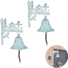 Relaxdays - 2 x Türglocke maritim, Leuchtturm, Steuerrad, Anker, Glocke mit Kordel, Wandglocke, rustikal, Gusseisen, weiß/blau