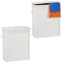 Relaxdays 2 x Wäschekorb Bambus mit Deckel, rechteckiger Wäschesammler, 2 Fächer, 95 l Volumen, faltbare Wäschebox, weiß