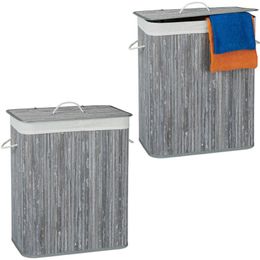 Relaxdays 2 x Wäschekorb Bambus mit Deckel, rechteckiger Wäschesammler, 2 Fächer, 95 l Volumen, faltbare Wäschebox, grau