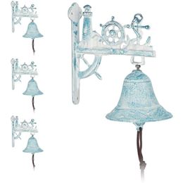 Relaxdays - 4 x Türglocke maritim, Leuchtturm, Steuerrad, Anker, Glocke mit Kordel, Wandglocke, rustikal, Gusseisen, weiß/blau
