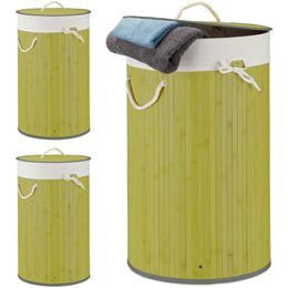 Relaxdays 3 x Wäschekorb Bambus, faltbare Wäschetonne mit Deckel, Volumen 70 Liter, Wäschesack Baumwolle, rund ø 41 cm, grün