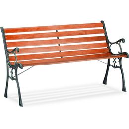 Gartenbank, 2 Sitzer, hbt 74 x 126 x 53 cm, Holz, Gusseisen, Outdoor Sitzbank, stabile Parkbank, braun/schwarz - Relaxdays