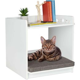 Beistelltisch mit Haustierbett, Katzen & kleine Hunde, HxBxT: 54,5 x 50 x 54 cm, Tierbett mit Kissen, weiß - Relaxdays