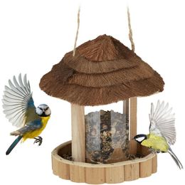 Vogelfutterhaus, Holz, Futterhaus zum Aufhängen, HxD: 20 x 18 cm, Kokosdach, Futterstelle für Wildvögel, natur - Relaxdays