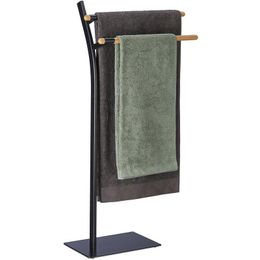 Handtuchhalter, freistehend, Handtuchständer mit 2 Stangen, hbt: 88 x 46,5 x 20 cm, ohne Bohren, schwarz/natur - Relaxdays