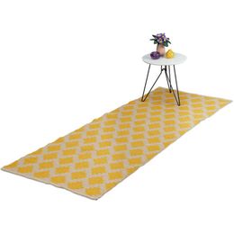 Teppich, Baumwolle, 80x200 cm, rutschfest, handgewebt, Rauten Muster, Teppichläufer, Flur, Küche, beige/gelb - Relaxdays