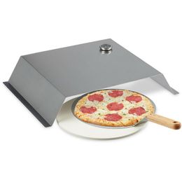 Bbq Pizzaaufsatz, mit Pizzastein & Schieber, Thermometer, Pizza Grillaufsatz, Edelstahl, 10x55,5x40 cm, silber - Relaxdays