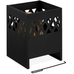 Feuerkorb, Feuerstelle mit Schürhaken & Rost, hbt: 53,5 x 40 x 40 cm, Feuerschale Garten & Terrasse, schwarz - Relaxdays