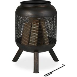 Feuerkorb, Mesh Design, Feuerrost, Schürhaken, HxD: 69 x 44 cm, Feuertonne, gebürsteter Stahl, schwarz-bronze - Relaxdays