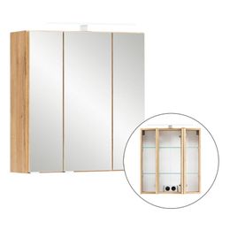 Lomadox Badezimmer 3D-Spiegelschrank 60 cm breit VIDAGO-03 in Wotan Eiche Nb. mit LED Beleuchtung, B/H/T: ca. 60/64/20 cm - braun