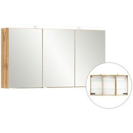 Lomadox Badezimmer 3D-Spiegelschrank 120 cm breit VIDAGO-03 in Wotan Eiche Nb. mit led Beleuchtung, b/h/t: ca. 120/64/20 cm - braun