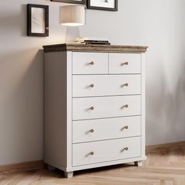 Lomadox Kommode Highboard Landhausstil EPSOM-83 in weiß Abisko Esche Nb. mit Lefkas Eiche Nb., b/h/t: ca. 90/112,5/42 cm