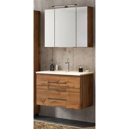 Lomadox Badezimmer Waschplatz Set MANLY-03 inkl. 80 cm Waschbecken & LED-Spiegelschrank in Wotaneiche Nb. B/H/T: 80/195/47cm - braun