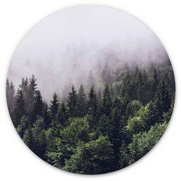 K&L WALL ART Alu-Dibond-Poster Rund Metalloptik Wandbild Nebel Wald Scharzwald Tannen Berg Natur Deko ø 100cm - grün
