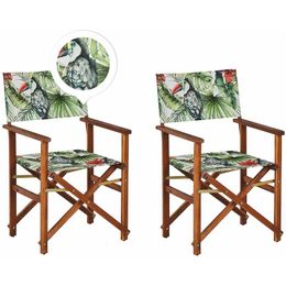 Beliani Gartenstühle 2er Set Dunkles Akazienholz mit Wechselbarem Bezug Grau / Bunt Zusammenklappbar Tukanmuster Outdoor Gartenzubehör - Grün