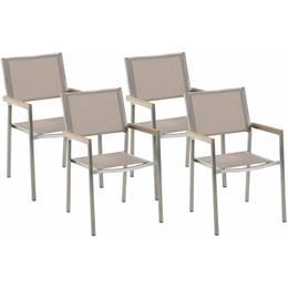 Beliani Gartenstühle 4er Set Silber Textilbespannung Beige mit Armlehnen aus Polyester Edelstahl Kunstholz Terrasse Outdoor Modernes Design - Silber