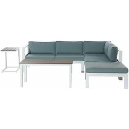 Beliani Lounge Set Weiß Aluminium und Kunstholz mit Auflagen Grün Stoff Skandi Modern 5-Sitzer Ecksofa und 2 Couchtische Terrasse Garten Möbel - Weiß