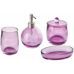 Beliani 4-teiliges Badezimmer-Set Glas Violett Seifenspender Seifenschale Zahnbürstenhalter Becher Eleganter Moderner Stil Badzubehör für wc Toilette - Silber