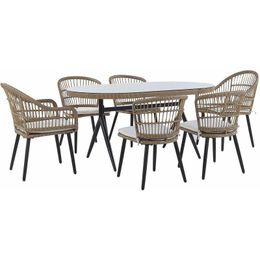 Beliani Gartenset Beige Rattan Polyester 6-Sitzer Tischplatte aus Sicherheitsglas 6 Stühle mit Armlehnen schwarze Metalbeine Garten Terrasse Outdoor - Schwarz