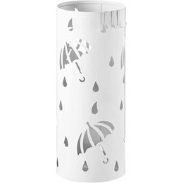 Regenschirmständer aus Eisen, Ø20 x H49cm, Schirmständer mit Wasserauffangschale, 4 Haken für Taschenschirme, Weiß Rund - weiß - WOLTU