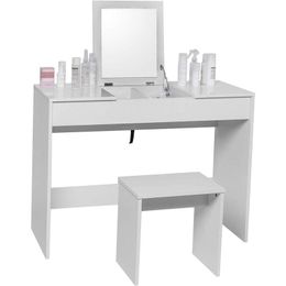 Schminktisch Kosmetiktisch mit Hocker und klappbar Spiegel, Hochglanz Tischplatte,Schreibtisch Frisierkommode, 100 45 76cm, Weiß - WOLTU