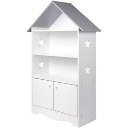 WOLTU - Kinderregal für Bücher mit Türen, Sterne & Dach weiß-grau