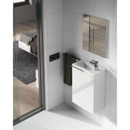 Dmora - Unterschrank Dlott, Abgehängter Badezimmerschrank, Kleiderschrank mit 1 Tür mit Spiegel und Waschbecken, 40x22h58 cm, Glänzend Weiß