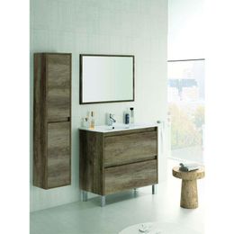 Dmora - Unterschrank Djuwar, Hängeschrank mit 2 Schubladen, Badezimmerschrank mit Spiegel, Waschbecken nicht enthalten, 80x45h80 cm, Eiche