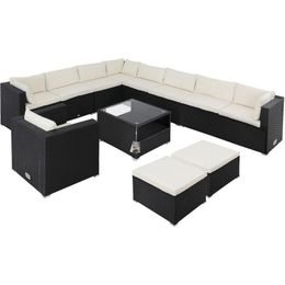 Gartenmöbel Set Polyrattan 11 Personen Wetterfest Tisch 5mm Sicherheitsglas Lounge Outdoor Terrasse Eck Sofa Sitzauflagen Schwarz-Creme - Casaria