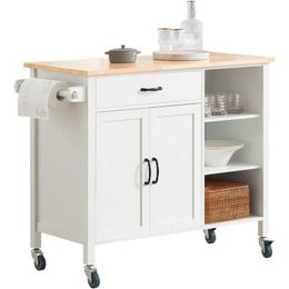 sobuy - FKW103-WN Design Küchenwagen mit Arbeitsplatte Kücheninsel Küchenschrank Rollwagen Sideboard auf Rollen Küchentrolley Weiß-Natur bht ca.: