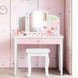 Costway Kinder 2 in 1 Schminktisch Set, Frisiertisch mit dreifach klappbarem Spiegel & Schublade, Kosmetiktisch mit Schminkhocker, Schminkkommode Weiss