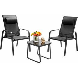 3tlg. Balkonset, Couchtisch aus Hartglas & 2 stapelbare Stühle mit verstellbarer Rückenlehne & Kopfstütze, Schwarz - Costway