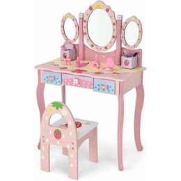 Costway Kinder Schminktisch Set, Frisiertisch mit Klappbarem Spiegel, Schminkhocker und 3 Schubladen, Make-up Schminktisch Frisierkommode für Kinder Pink