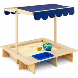 Sandkasten Holz, Sandbox mit verstellbarem Dach & seitlicher Eimer, bodenloses Design, Sandkiste für Kinder 115 x 115 x 121 cm - Costway