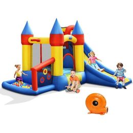 Costway Aufblasbare Hüpfburg+610W Geblaese Kombination mit Rutsche Wasserbecken,Springburg Hüpfschloss Outdoor Bouncer Spielpool Luftgeblaese inkl.