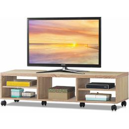 Fernsehschrank Holz, tv Lowboard mit 5 offenen Faechern, tv Schrank mit Raedern, 150 x 32 x 40cm Natur - Costway