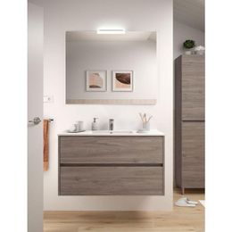 CAESAROO Badezimmer Badmöbel 100 cm aus Eiche eternity Holz mit Porzellan Waschtisch 100 cm - mit spiegel und led Lampe