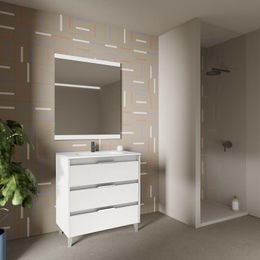 CAESAROO Bodenstehender Badezimmerschrank 80 cm Minnesota glänzend Weiß mit Waschtisch weiß - 80 cm - mit spiegel und led Lampe