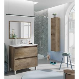 CAESAROO Badezimmerschrank auf dem boden 80 cm Nordik Farbe mit spiegel Anstrich - Mit Doppelsäulen und Led-Lampe